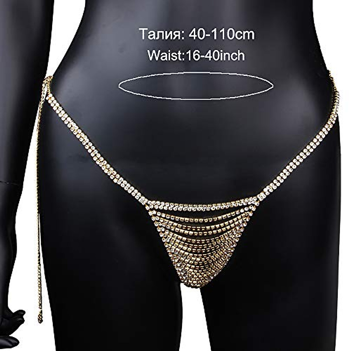 Sexy Rhinstone Underwear Thong Panties Crystal Body Chain Jewelry Bikini Crystal Belly Waist Body Chain For Women (Gold)