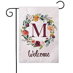 ULOVE LOVE YOURSELF Letter M Garden Flag with Flowers Wreath Double Sided Print Welcome Garden Flags Outdoor House Yard Flags 12.5 x 18 Inch