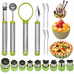 17 Pack Melon Baller Scoop Set - 4 in 1 Stainless Steel Fruit Tool Set Fruit Scooper Seed Remover with Fruit Vegetable Cutter Shapes Set Fruit Peeler for Fruit Slicer Dig Pulp Separator (A)