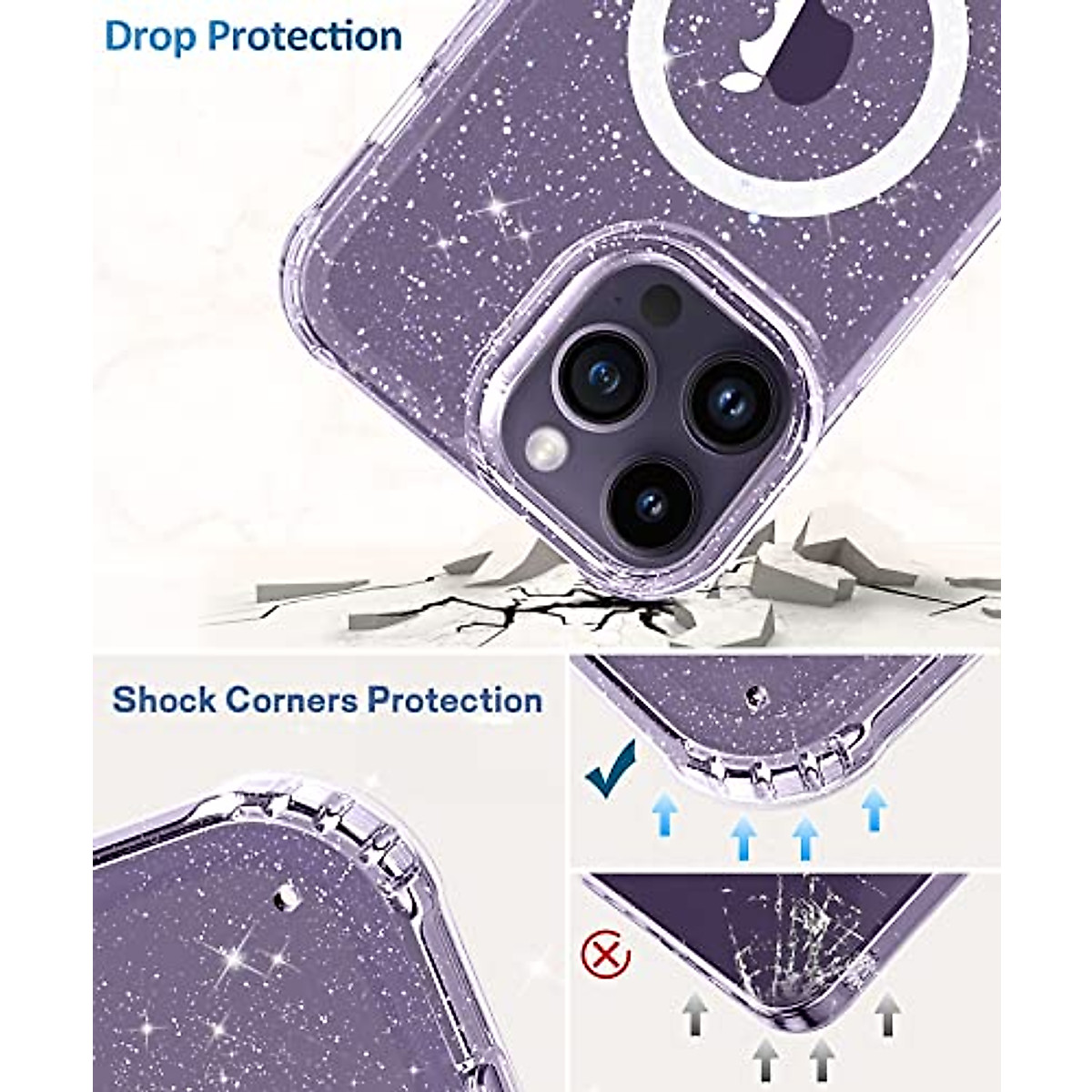 MIODIK Magnetic Glitter Case for iPhone 14 Pro with Screen Protector + Camera Protector, [Compatible with MagSafe] [Non-Yellowing] Shockproof Protective Slim Women Bumper Phone Cover 6.1" (Clear)