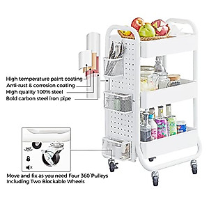 DESIGNA 3-Tier Rolling Cart, Utility Cart with Handle, Extra 3 Storage Accessories, Removable Pegboard, Easy Assembly Craft Carts for Kitchen, Bathroom, Office, Metal, White
