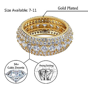 Apzzic 10mm Iced Out Gold Plated 5 Row Cubic Zirconia Diamond Hip Hop Eternity Band Engagement Ring for Men Women Gold Size 9