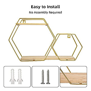 Fasyou Hexagon Floating Shelves Cute Gold Honeycomb Shelves Wall Mounted Shelves with Metal Bracket Rustic Solid Wood Wall Shelves for Living Room,Bedroom,Gold