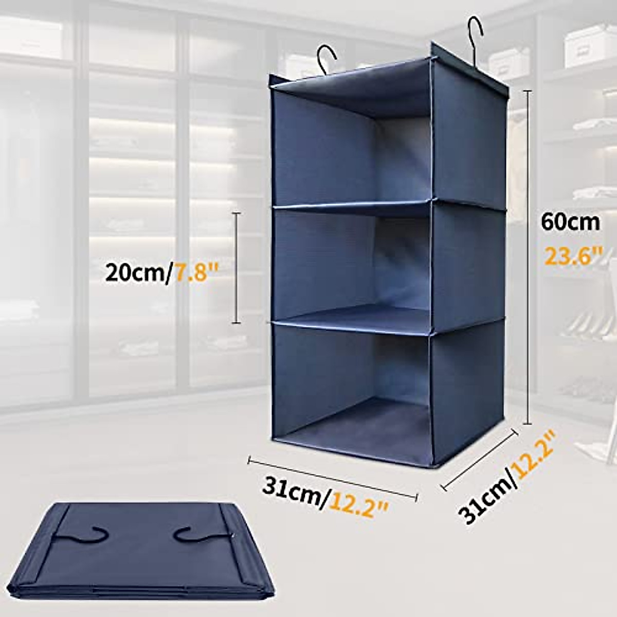 FYY 3-Shelf Hanging Closet Organizer, Collapsible Heavy Duty Closet Organizers and Storage Shelves, Waterproof Washable Fabric Shelves, 23.6" H x 12.2" W x 12.2" D, Navy