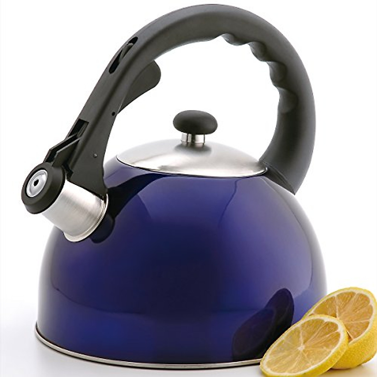 Creative Home Satin Splendor Stainless Steel Whistling Tea Kettle with Aluminum Capsulated Bottom for Even Heat Distribution, 2.8 Quart, Metallic Blue