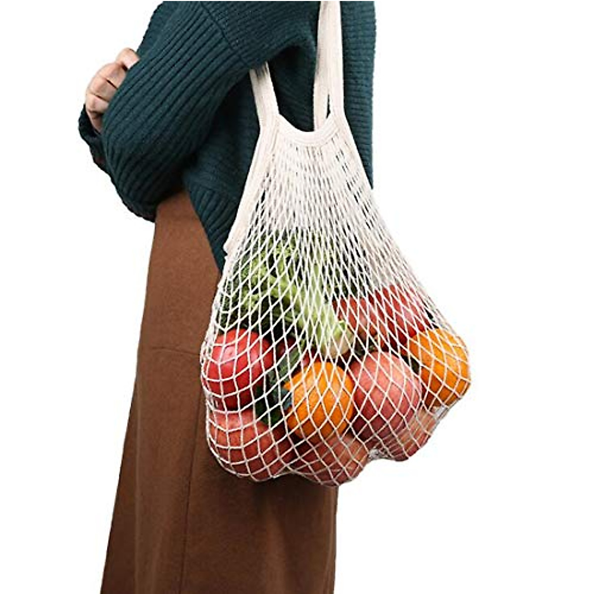 4 Pack Portable Reusable Grocery Bags Fruit and Vegetable Bag Washable Cotton Mesh String Organic Organizer Shopping Handbag Long Handle Net Tote (grey blue,Black,Beige,Pink)