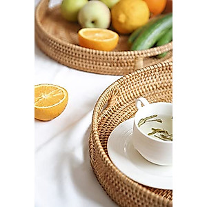 HITOMEN Hand-Woven Round Rattan Serving Tray Decorative Wicker Trays with Handles for Coffee Table
