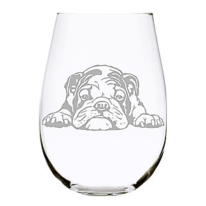 English Bulldog themed, dog stemless wine glass, 17 oz.