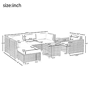 Merax 8 Pieces Grey Rattan Patio Furniture Sets, Outdoor Wicker Sectional Seating Group with 2 Coffee Tables and 4.7'' Thick Beige Cushions