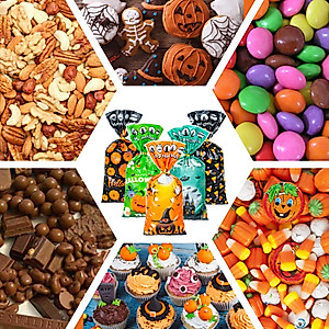 RICEDUO Halloween Cellophane Bags,100PCS Halloween Candy Cookie Treat Bags with 100 Piece Twist Ties for Halloween Party Favor Supplies, 5 Assorted Styles