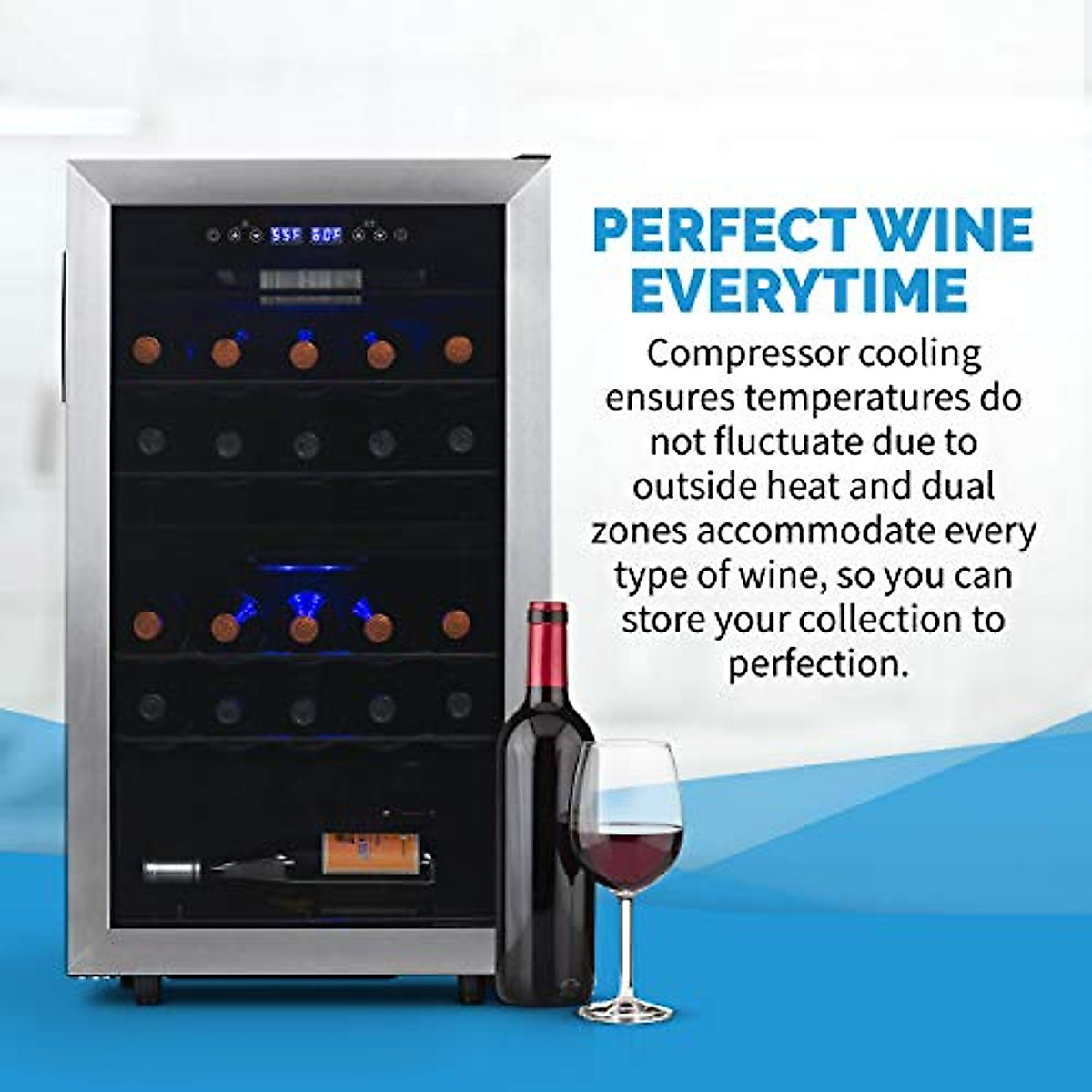 NewAir Wine Cooler and Refrigerator | 28 Bottle Capacity | Freestanding/Built-in Countertop Wine Cellar in Stainless Steel with UV Protected Glass Door NWC028SS01
