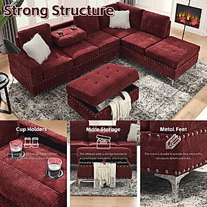 Yoglad Living Room Furniture Set, Sectional 5-Seater Sofa with Reversible Chaise, Corner Sofa Set with Ottoman, L Shaped Couch for Apartment, Living Room (107.5 Inch Chenille, Red)