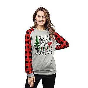 PECHAR Just A Girl Who Loves Christmas Sweatshirt for Women Christmas Tree Graphic Shirts Xmas Long Sleeve Pullover Tops