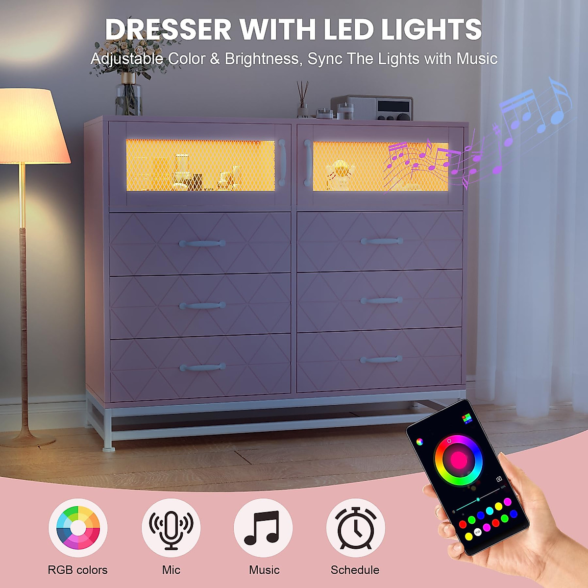 GarveeHome 6 Drawer Dresser with 2 Doors, Dresser for Bedroom with LED Lights and Charging Station, Wood Dresser Modern Chest of Drawers for Bedroom, Entryway, Hallway, Pink