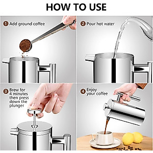 Meelio Small French Press Coffee Maker 600ml, Double-Wall Insulated French Press Coffee Press Stainless Steel for travel camping, Included 2 Extra Fliters and 1 Coffee Spoon (2-4cup, 20 OZ)