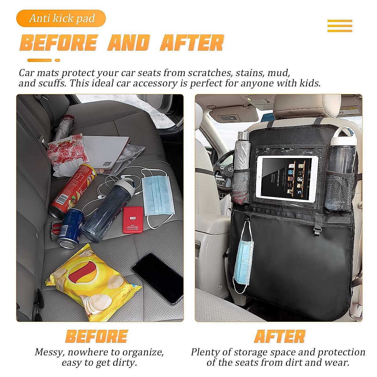 AICEL Car Backseat Organizer, 2 Pack Seat Back Protector Kick Mats with Touch Screen Tablet Holder for Kids Toddlers, Auto Backseat Storage Pockets with Cup Holder and Hook, Car Travel Accessories