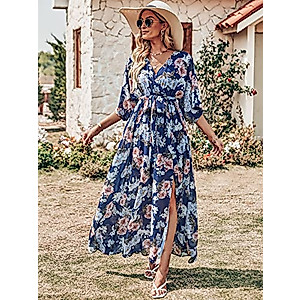 ANRABESS Women’s Summer Loose Boho Flowy Wrap V Neck 3/4 Sleeve Floral Print Slit Beach Wedding Guest Long Maxi Dresses Navy Flor Large
