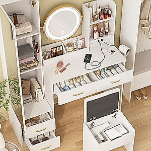 White Vanity Desk with Mirror and Lights & Full Length Mirror, Vanity Mirror with Lights Desk and Chair & Charging Station, 4 Drawers and Lots Storage Shelves