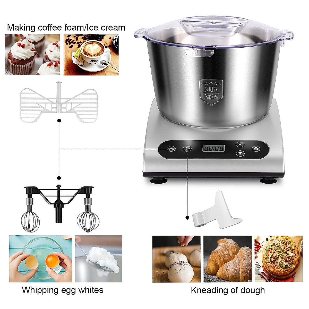 Mixer Kitchen Electric Stand Mixers LCD Display 6QT Bowl And Heating & Fermentation Function With Dough Hock,Cream Sticker,Egg Whick(Silver)