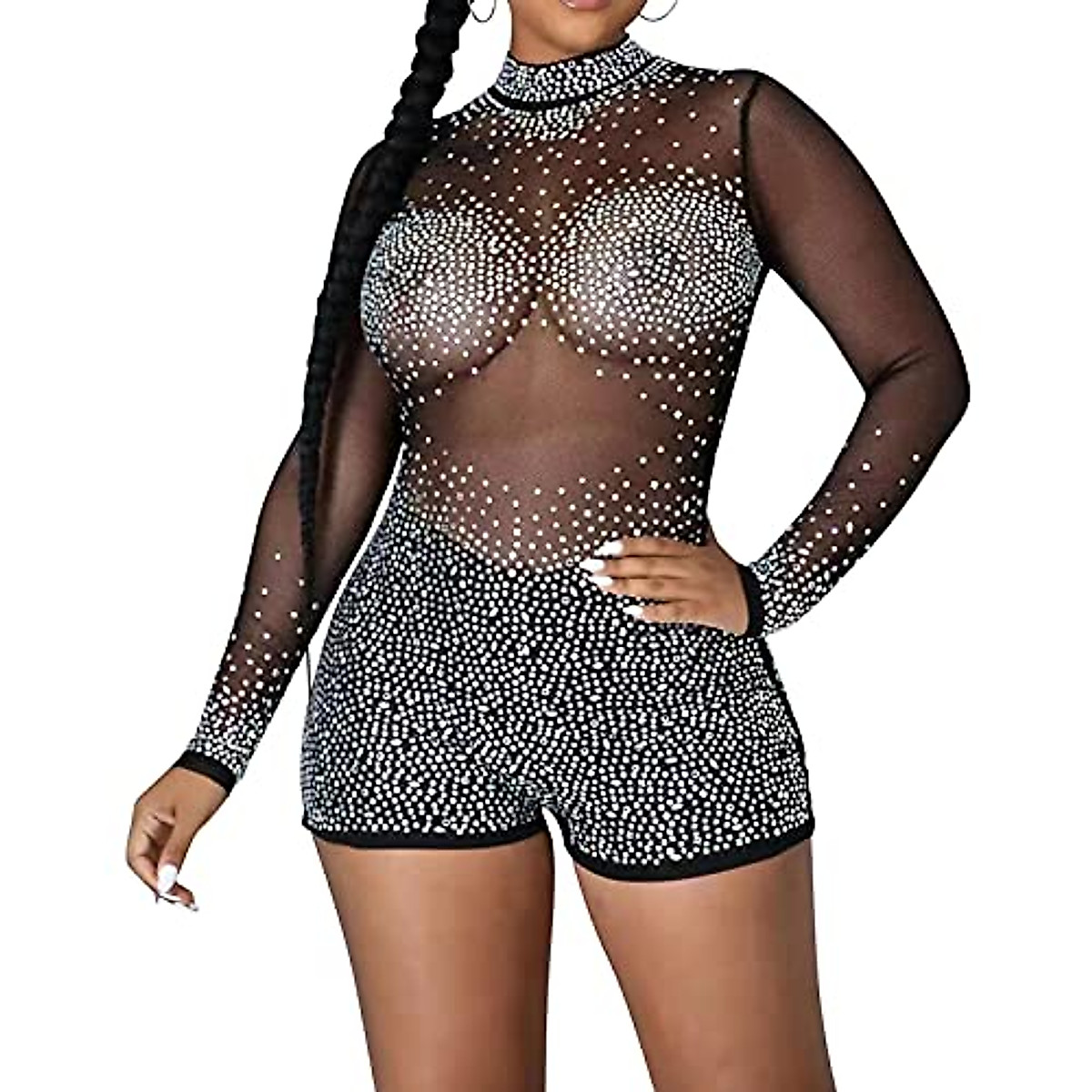 Uni Clau Women Sexy Sequin Diamond See Through Bodycon Jumpsuit Long Sleeve Mesh Sheer Skinny Short Pants Romper Jumpsuit Black L