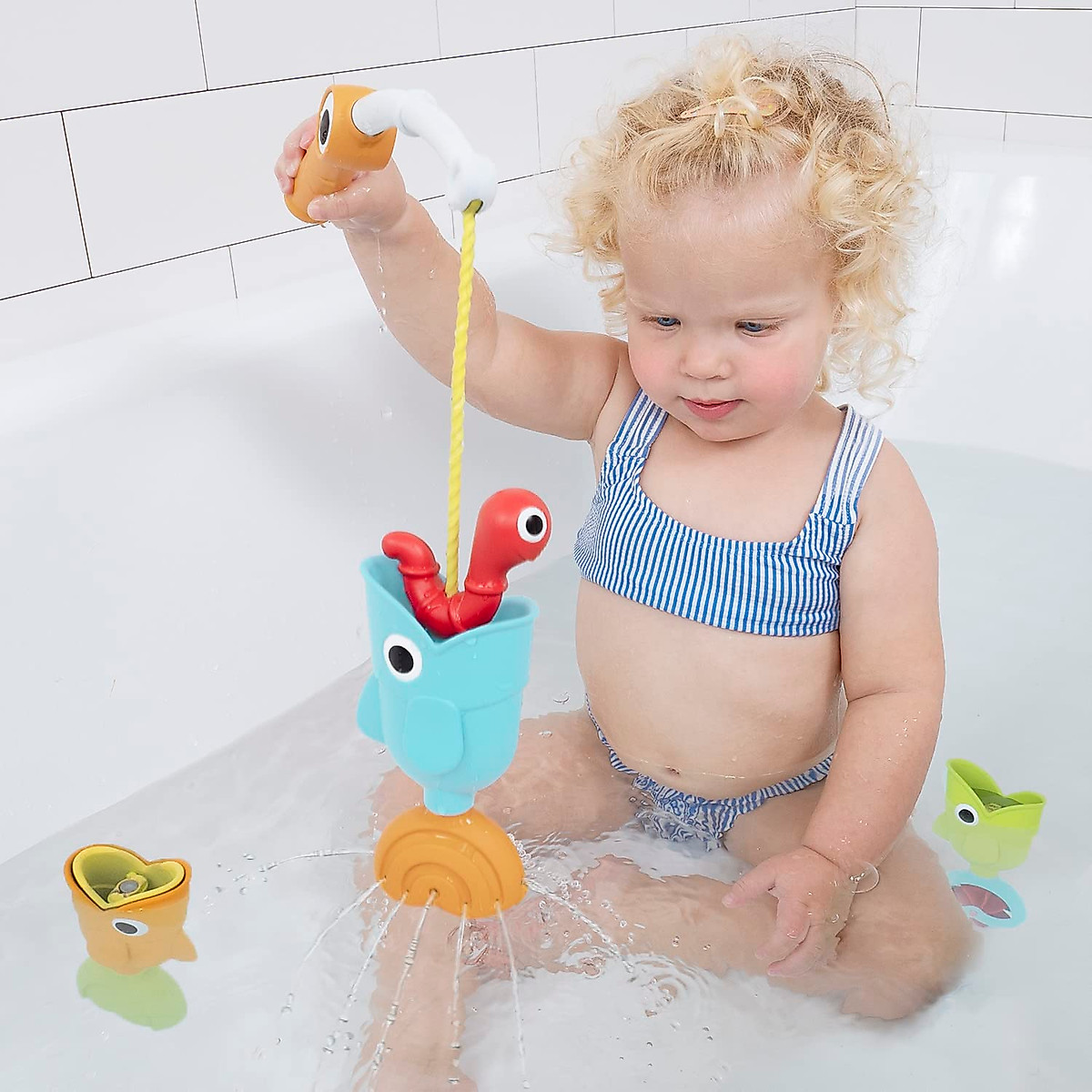 Yookidoo Toddler Baby Bath Magnetic Fishing Game Toy with Water Effects (Ages 2+) Includes 3 Moving Fish, Worm & Fishing Pole (4pc) Floating Fish Playset for Bath Time or Pool (Mold Free)