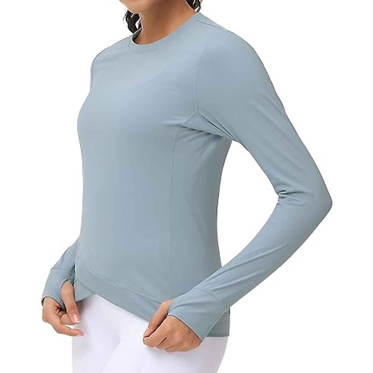 Women's Long Sleeve Compression Shirts Workout Tops Cross Hem Athletic Running Yoga T-Shirts with Thumb Hole Denim Blue
