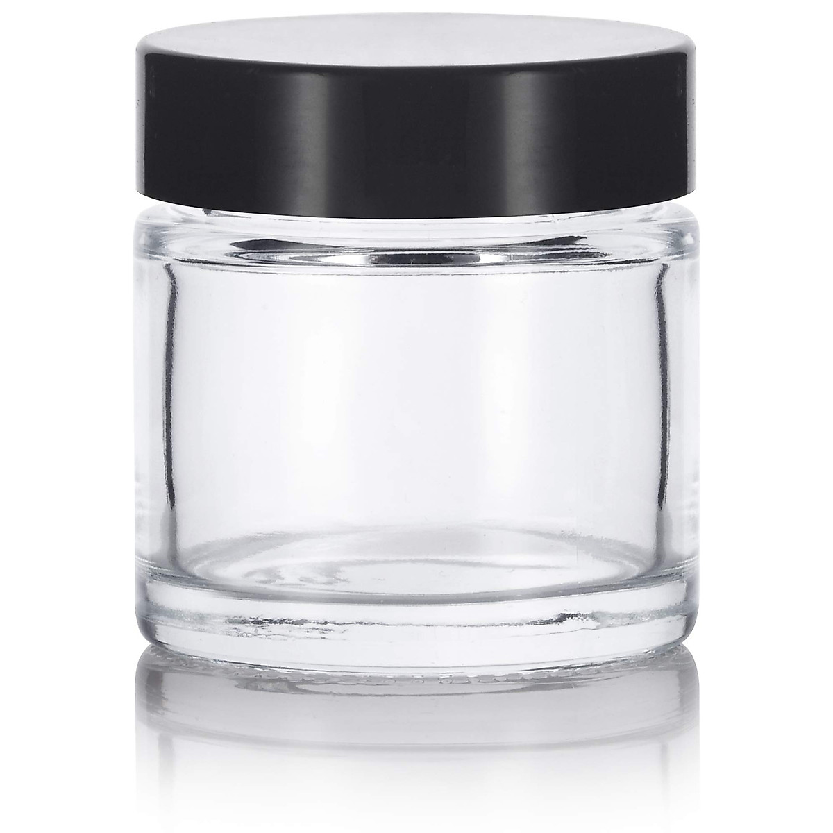 1 oz / 30 ml Clear Thick Wall Glass Straight Sided Jar with Black Smooth Lids (12 Pack) Airtight, Smell Proof