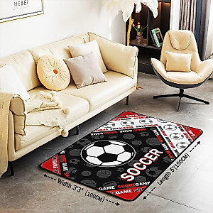 Soccer Boys Area Rug 150cm X 200cm X 1cm Cartoon Football Patchwork Grid Hippie Non Slip Rug for Kids Teens Adults Red Black White Stripes Sports Themed Indoor Floor Mat for Living Room