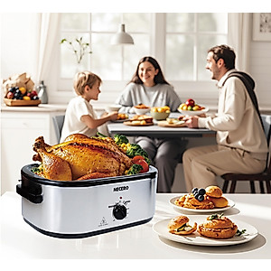 NECERO Roaster Oven,26Qt Electric Roaster Oven with Self-Basting Lid, Removable Pan, Cool-Touch Handles, 1450W Stainless Steel Roaster Oven, Silver