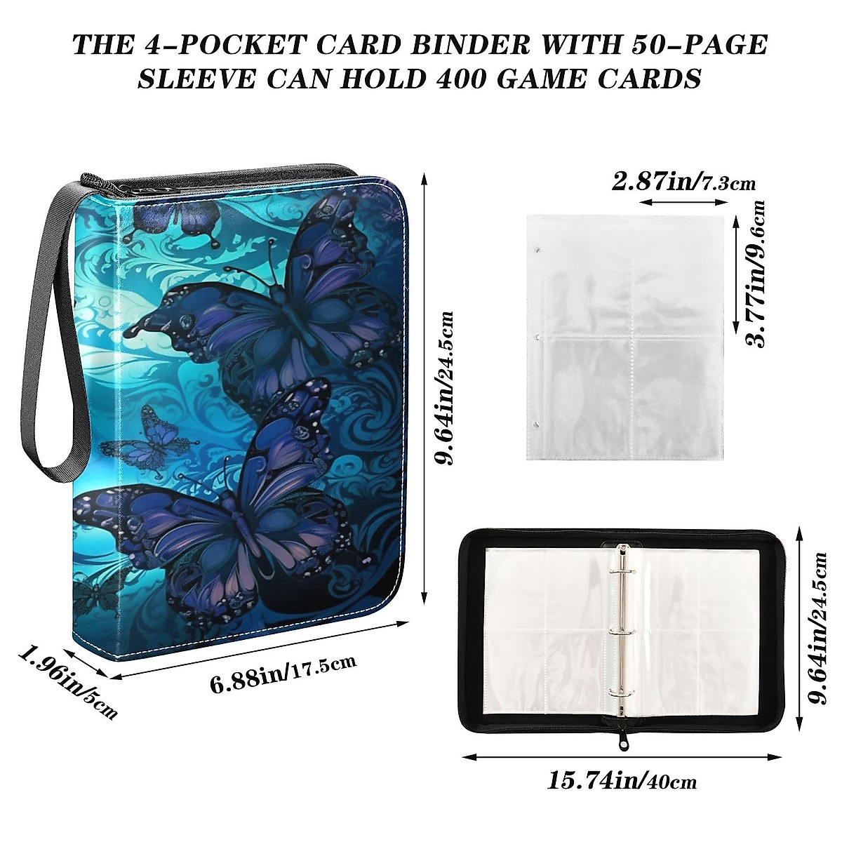 PYBUG Butterfly Trading Card Binder with Nylon Strap 4-Pocket Waterproof PU Leather Card Collection Binder for 400 Cards Sturdy Card Holder Folders for Game Cards,Sports Cards