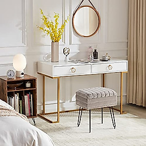 Soohow Storage Ottoman Foot Rest, Faux Fur Makeup Vanity Stool, Vanity Chair for Makeup Room, Foot Stool for Living Room, Bedroom,Metal Legs