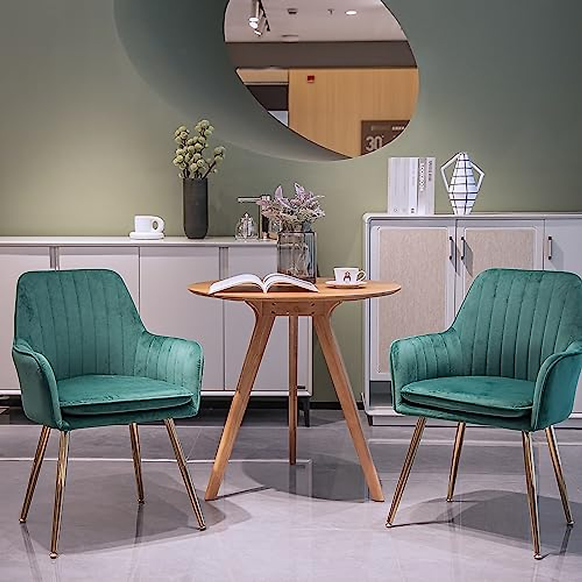 Purgreen Velvet Dining Chair Set of 2 - Modern Mid-Back Accent Chair with Gold Plating Legs - Upholstered Living Room Chair (Velvet Green, Set of 2)