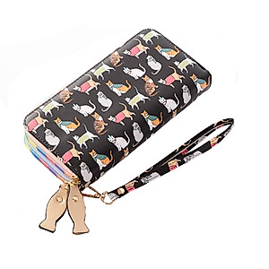 Ecohaso Womens Wallet, Large Capacity Cellphone Wallets Cute Cat Pattern, Double Zipper Long Leather Wristlet Clutch Purse
