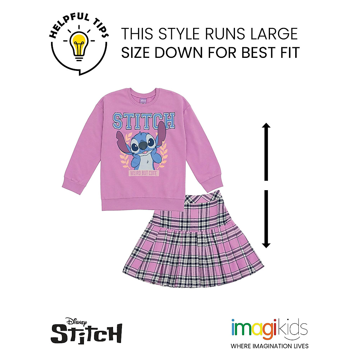Disney Lilo & Stitch Little Girls Fleece Sweatshirt and Skirt Plaid Purple 6