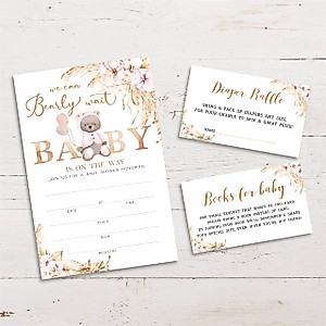 Baby Shower Invitations, Diaper Raffle Tickets and Baby Shower Book Request Cards, Bear Boho Floral Baby Gender Reveal Party Supplies, Gender Neutral Baby Shower Decorations - 25 Sets(YQKTZ-013)