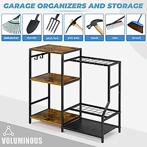 DAOUTIME Garden Tool Organizer with 3-tier Shelves, Yard Tool Organizer for Garage with 2 Hooks, Up to 21 Long-Handled Tools, Sturdy Metal Steel Tool Holder for Garage, Shed, Home, Black