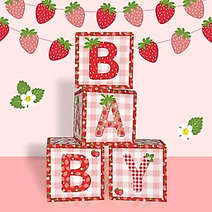 Lopeastar Strawberry Baby Shower Decorations Baby Boxes Banner Set, Berry Sweet Baby Boxes with Letters for Baby Shower Blocks Strawberry Banner Party Decorations
