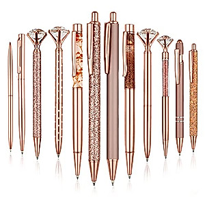 12 Pcs Rose Gold Pretty Pens Set, Super Cute Liquid Sand Glitter Pen Metal Ballpoint Pens Crystal Diamond Pen Girly Black Ink Gifts for Women Mother Daughter Birthday Wedding Office Supplies (12)