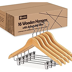 HOUÍSM 16Pack Wooden Hangers Skirt Hangers with Clips, Solid Wood Pants Hangers Natural Smooth Finish High-Grade Selected Wood Hangers with Sturdy Metal Clips for Blouse Dress Coat Jacket