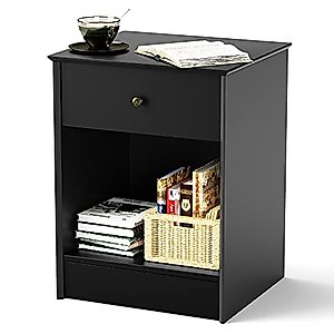 SRIWATANA Nightstand, 2-Tier Bedside Table with Drawer, Modern End Table, Black