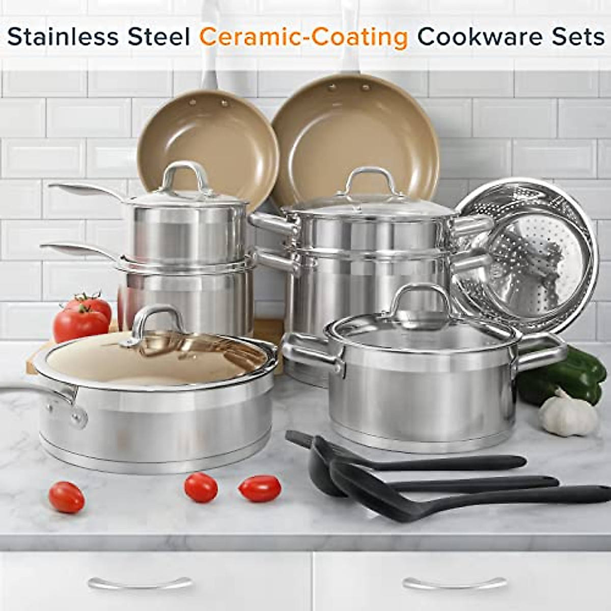 Duxtop 17PC Professional Stainless Steel Induction Cookware Set, Stainless Steel Ceramic Nonstick Pan Set, Impact-bonded Technology, FUSION Titanium Reinforced Ceramic Coating, Brown