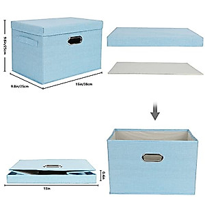 DAYARD Foldable Storage Boxes with Lids Linen Fabric Stackable Storage Bins Organizer Containers Baskets Cube with Cover for Closet Office Nursery, BLue (15 x 10 x 10)