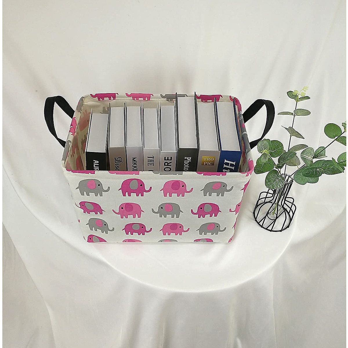 HUAYEE Elephant Print Rectangular Storage Bin Shelf Basket Canvas Fabric Toy Box,Waterproof Coating Nursery Hamper with Handles,Gift Basket for Home,Office,Clothes,Books(pink grey elephant)