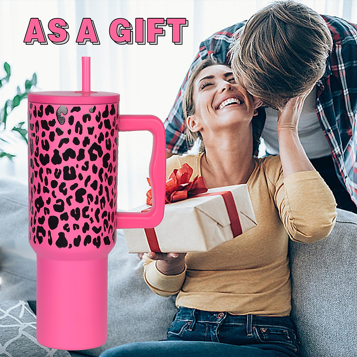 ZHIDENGWJ Stainless Steel Vacuum Insulated Tumbler with Lid and Straw for Water, Iced Tea or Coffee(Rose Red Leopard Print)