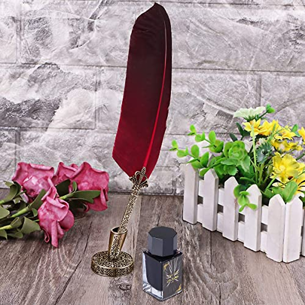 Feather Quill Pen Ink Set - Calligraphy Dip Pen Set Fountain Pen Ink Red Feather Pen Display Case with Inkwell and Stand - Quill Pen Set with 5 Stainless Steel Pen Nib Set for Writing Paper, Letter