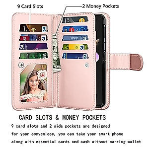 NJJEX Galaxy Z Flip 4 5G Case, for Samsung Galaxy Z Flip 4 5G Wallet Case, [9 Card Slots] PU Leather ID Credit Holder Folio Flip [Detachable] Kickstand Magnetic Phone Cover & Lanyard [Marble Pink]