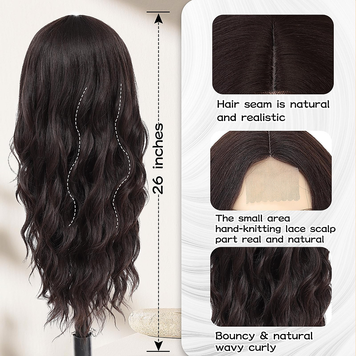 NAYOO Long Dark Brown Wavy Wig for Women Synthetic Curly Middle Part Wig Natural Looking Heat Resistant Fibre for Daily Party Use 26 Inch (Dark Brown)