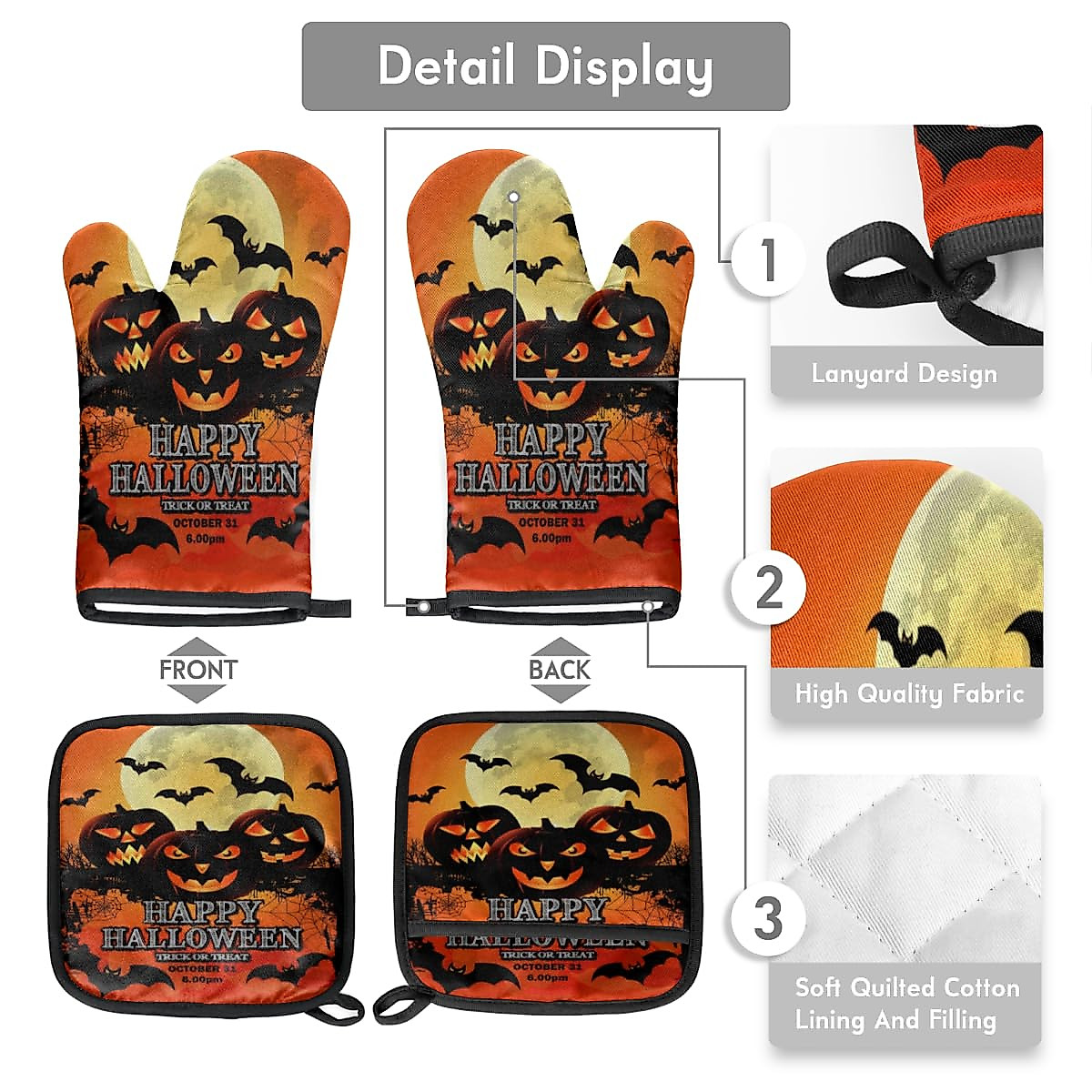 Halloween Bat Pumpkin Oven Mitts and Pot Holders Sets of 2 Heat Resistant Non-Slip Kitchen Gloves Hot Pads with Inner Cotton Layer for Cooking BBQ Baking Grilling