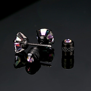 FIBO STEEL 5 Pairs Titanium Screw Back Surgical Stainless Steel Stud Earrings for Women Men,Rainbow 5A Cubic Zirconia Studs Double Side Earrings Piercing Sleeper Studs Jewelry 6mm Black Round