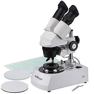AmScope SE306-P-DK Binocular Stereo Microscope, WF10x Eyepieces, 20X and 40X Magnification, 2X and 4X Objectives, Upper and Lower Halogen Lighting, Reversible Black/White Stage Plate, Pillar Stand, 120V, Includes Darkfield Condenser